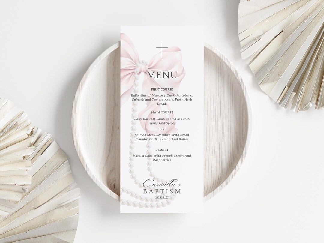 Pink Baptism Menu Pearls Pink Christening Menu Editable Religious Menu ...