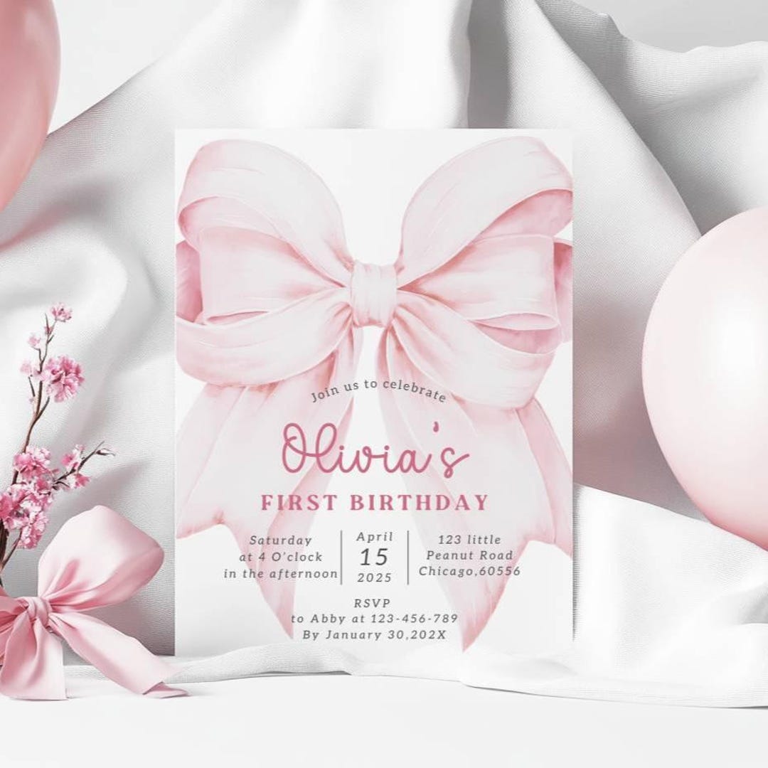 Editable Pink Bow 1st Birthday Invitation Our Little is Turning One ...
