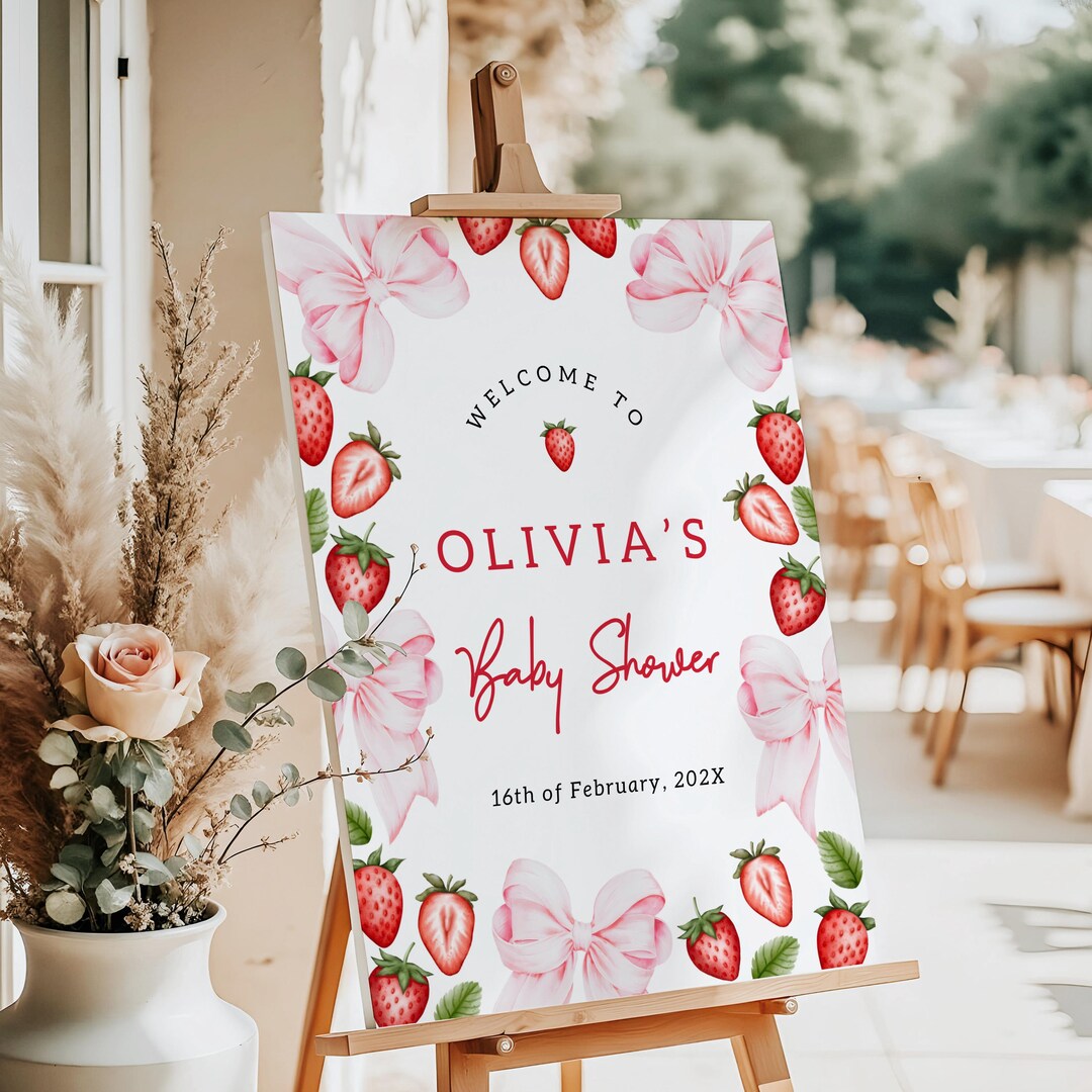 Strawberry Pink Bow Baby Shower Welcome Sign Template Bow Themed ...