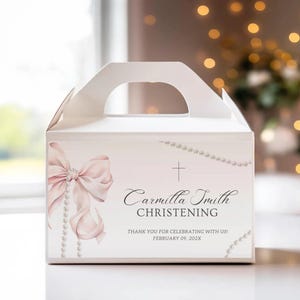 Pink Bow Baptism Gable Box Label for Girl Christening Pearl Baptism ...