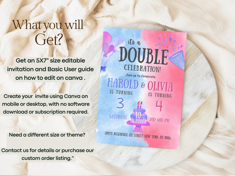 Editable Joint Birthday Party Sibling Birthday Invitation Double ...