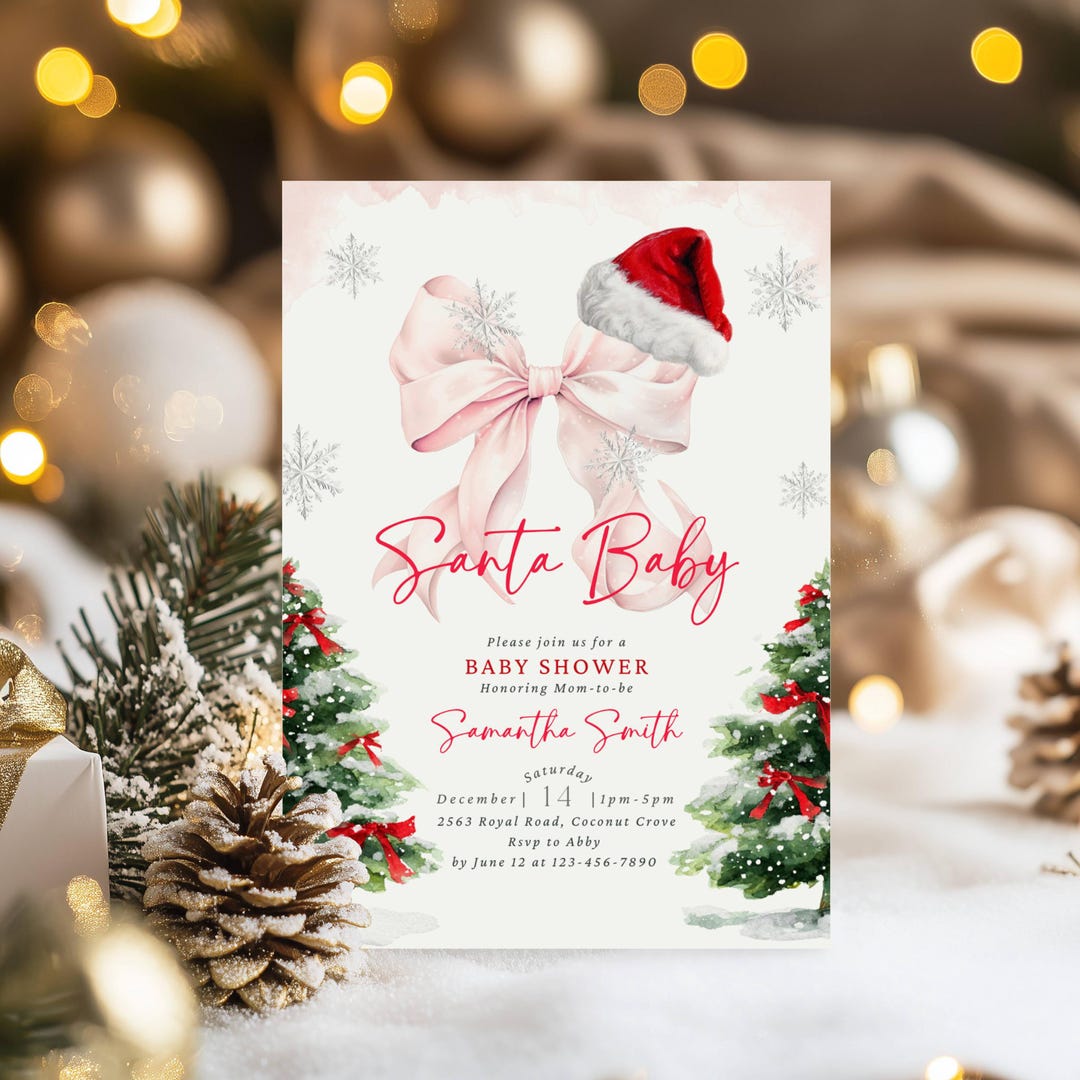 Santa Baby Shower Invitation Canva Template Pink Bow Girl Christmas ...
