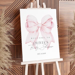 Editable Pink Bow Baby Shower Welcome Sign Canva Template Pink Coquette ...