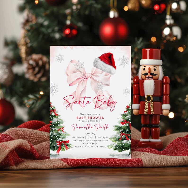 Santa Baby Shower Invitation Canva Template Pink Bow Girl Christmas ...