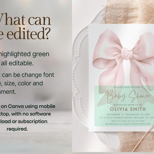 Pink Bow Baby Shower Invitation Template Printable Baby Girl Pink ...