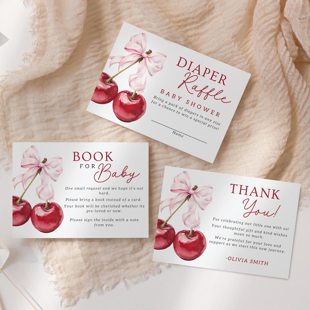 Pink Bow Cherry Baby Shower Card Diaper Raffle, Book for Baby, Thank ...