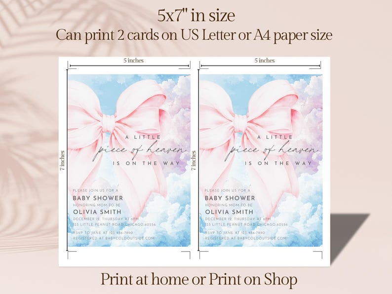Little Piece of Heaven Pink Bow Baby Shower Invitation Template Baby ...