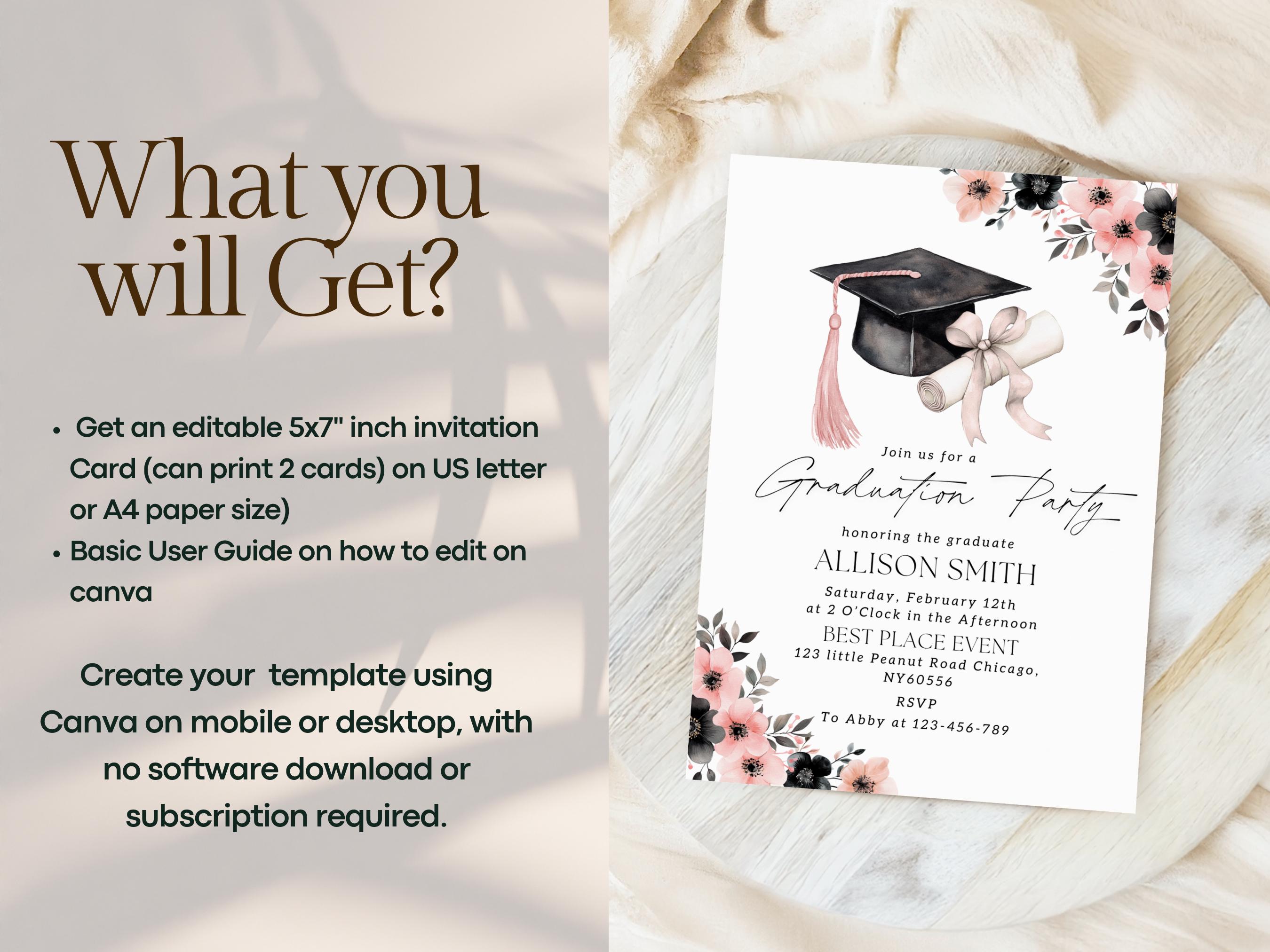 Pink Bow Graduation Party Invitation Canva Template Floral Pink ...