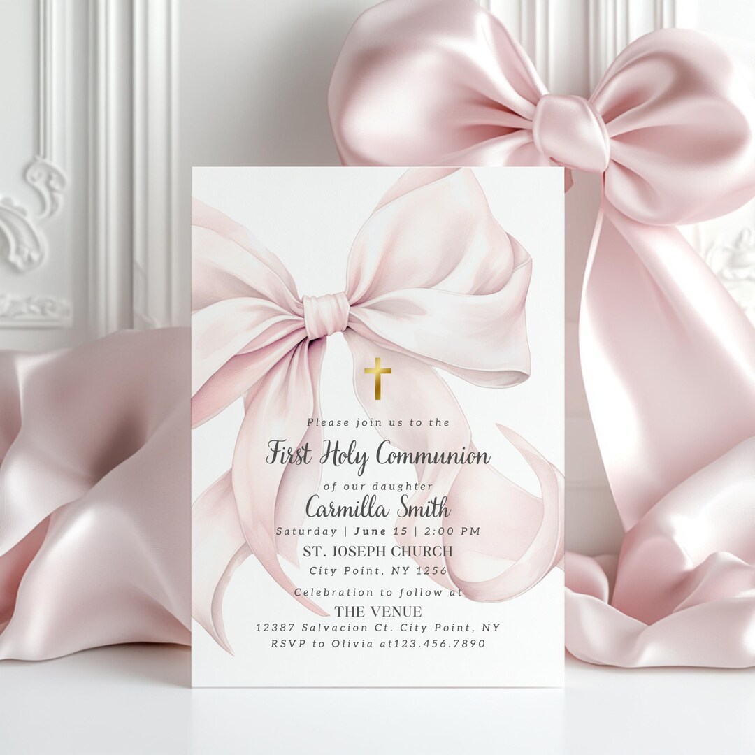 Pink Bow First Holy Communion Invitation Printable Template Coquette ...