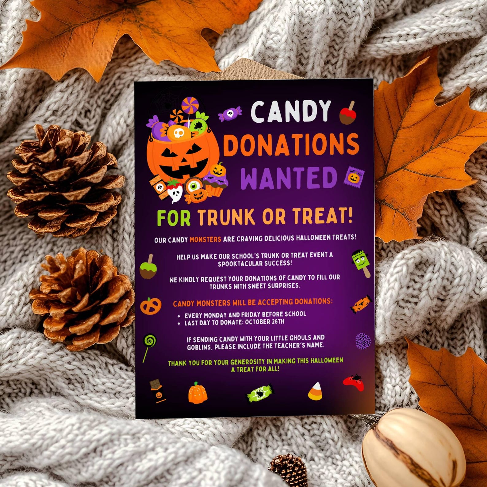 Candy Donation Flyer Template for Kids Halloween Party Trunk or Treat ...