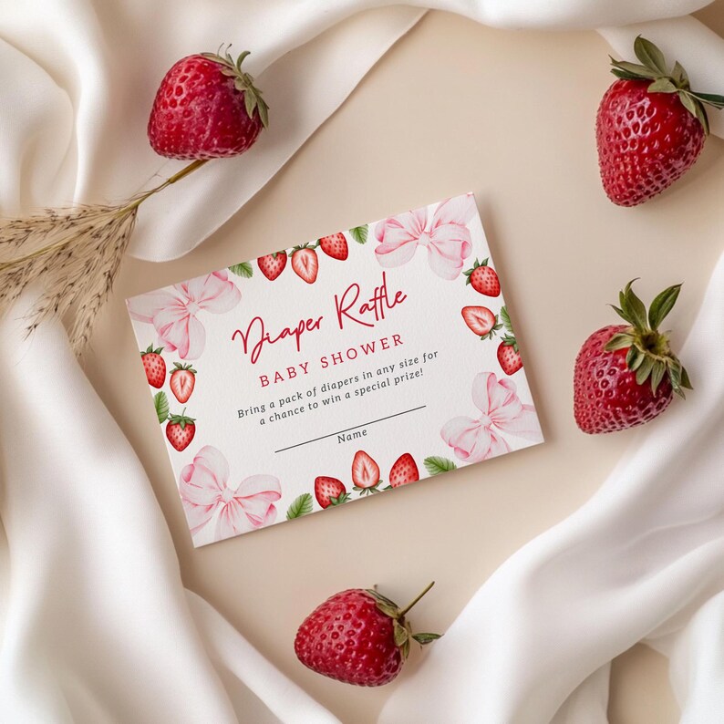Strawberry Bow Baby Shower Card Diaper Raffle, Book for Baby, Thank You ...