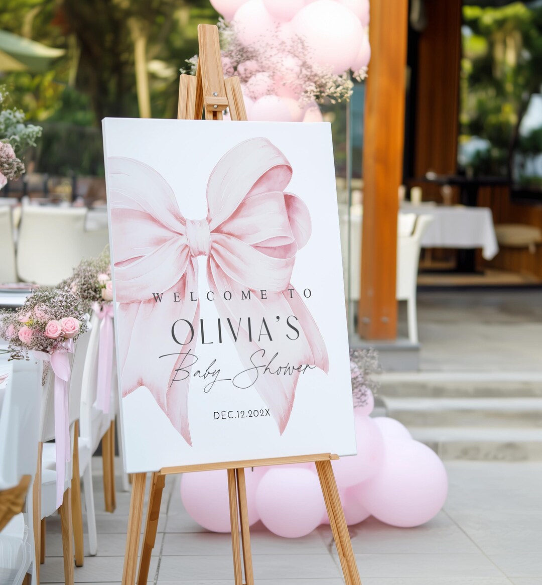 EDITABLE Pink Bow Welcome Sign for Baby Shower Minimalist Pastel Pink ...