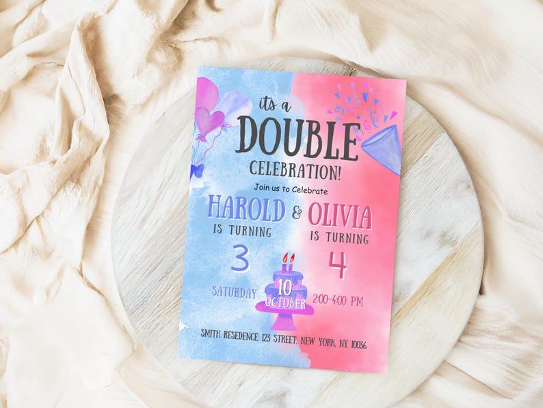 Editable Joint Birthday Party Sibling Birthday Invitation Double ...