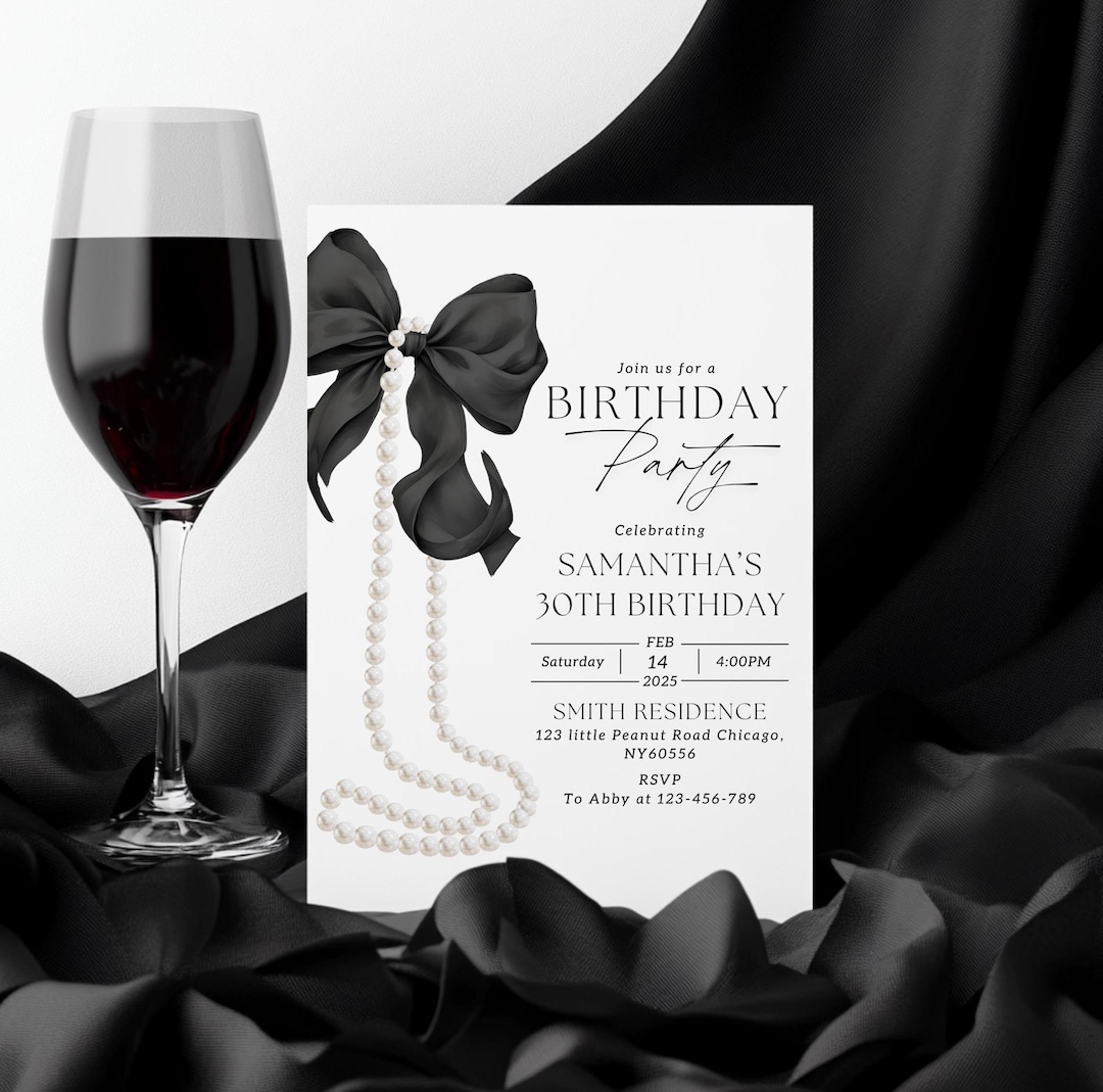 Pearls and Black Bow Birthday Invitation Watercolor Black Bow Elegant ...
