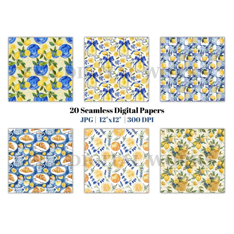 Mediterranean Lemon Digital Paper Set: Blue & Yellow Citrus Patterns ...