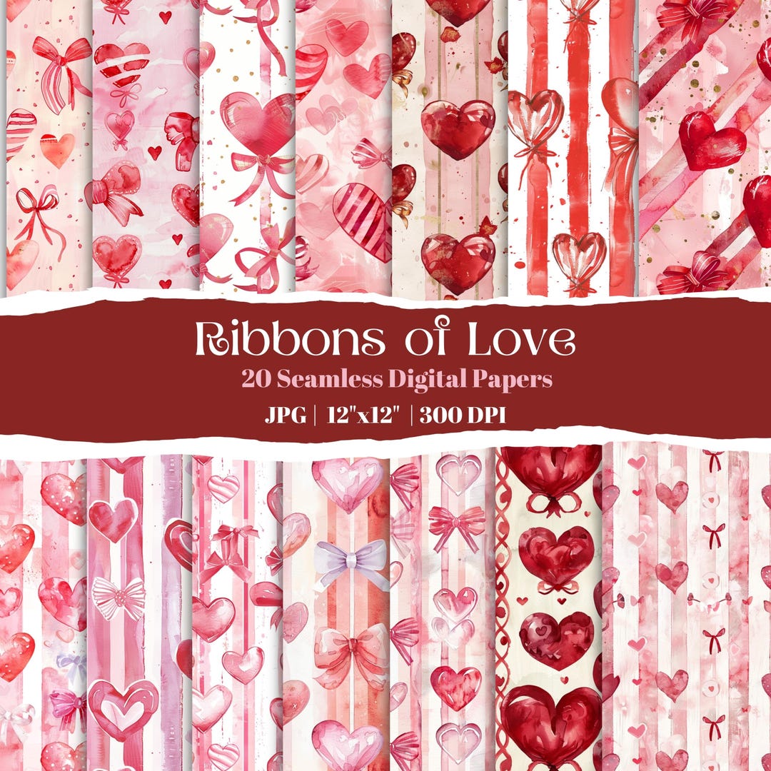 Heart and Bow Patterns Valentines Day Digital Paper, Seamless 20 Pack ...