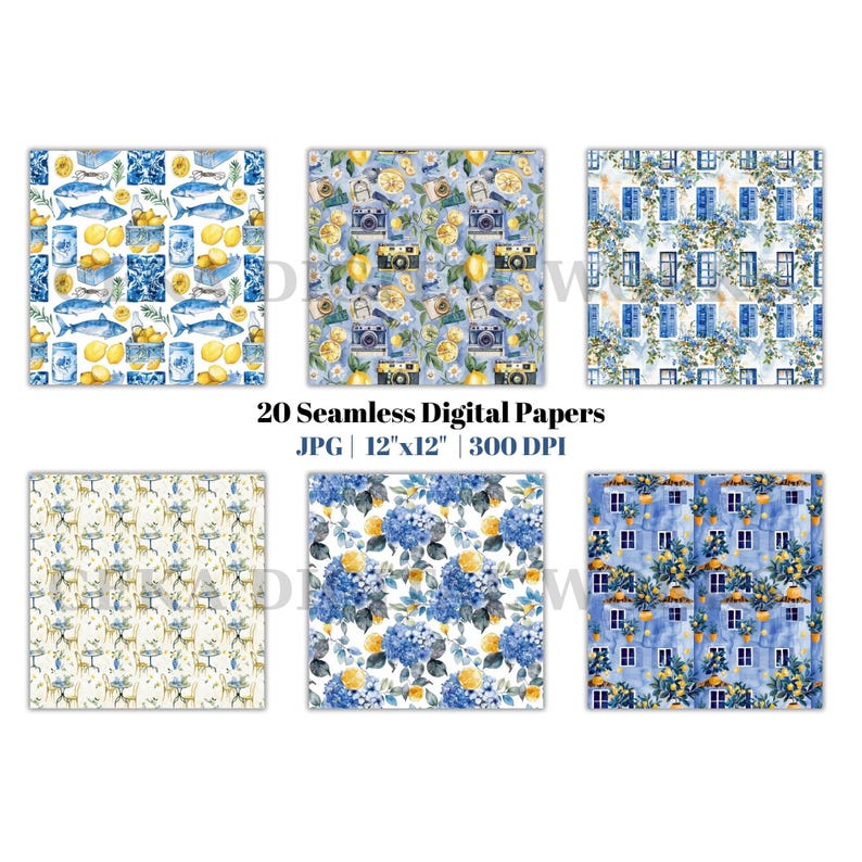 Mediterranean Lemon Digital Paper Set: Blue & Yellow Citrus Patterns ...