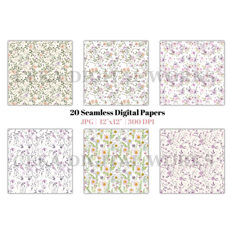 Watercolor Floral Digital Paper Set, Seamless Flower Patterns With Rose ...