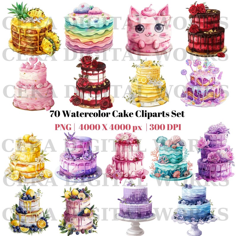 Watercolor Cake Clipart Bundle, 70 Colorful Drip Cakes and Dessert Pngs ...