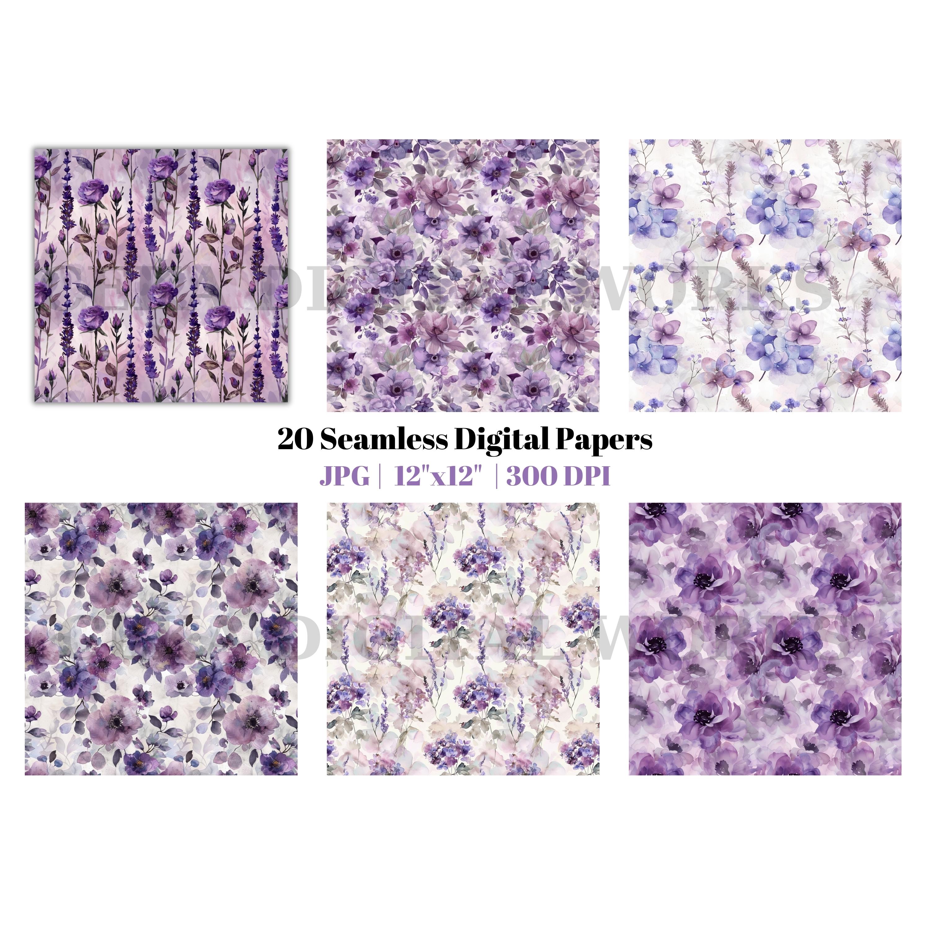 Purple Watercolor Floral Digital Paper Set, Seamless Minimalist Flower ...