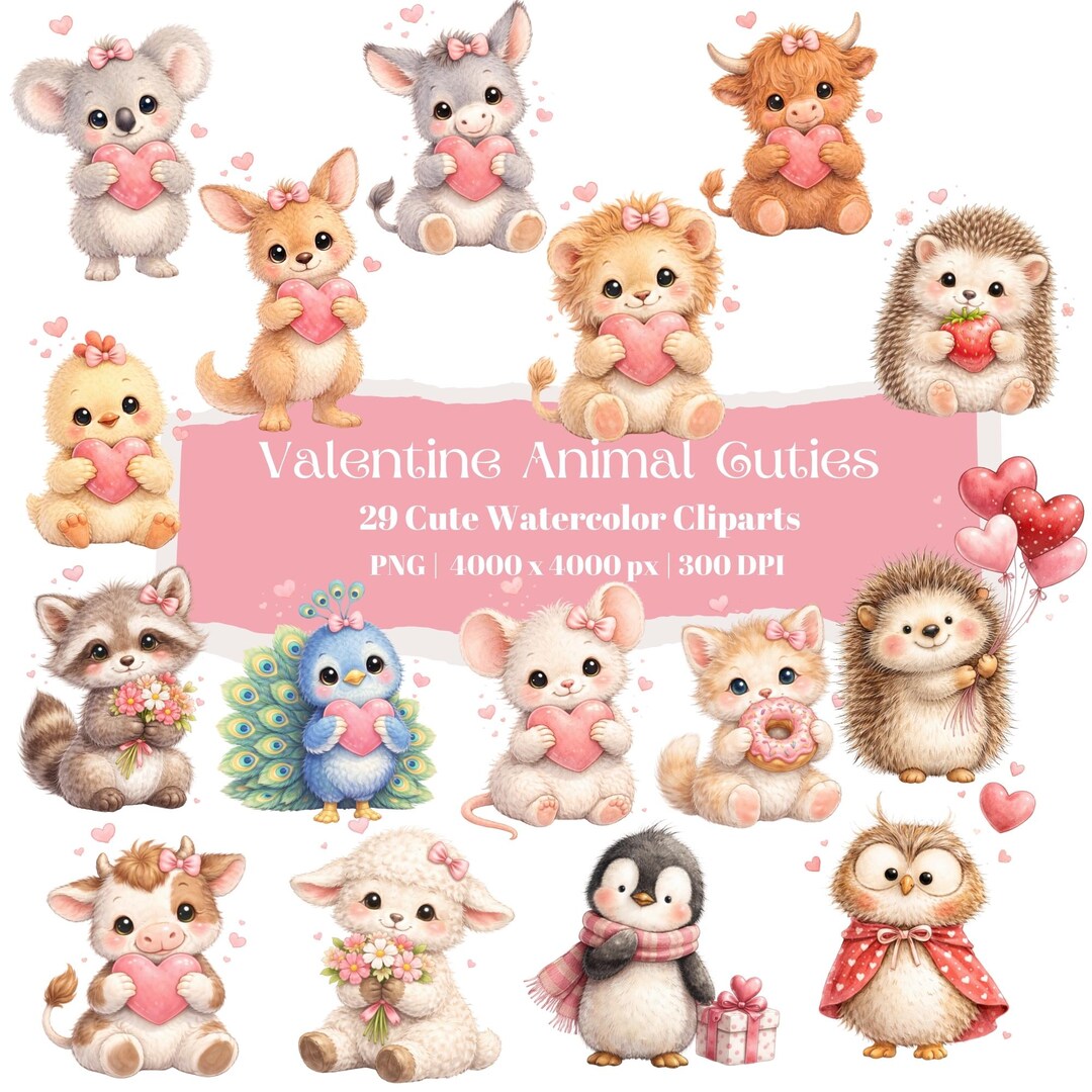 Valentine Animal Clipart Bundle, Watercolor Baby Animals With Hearts ...
