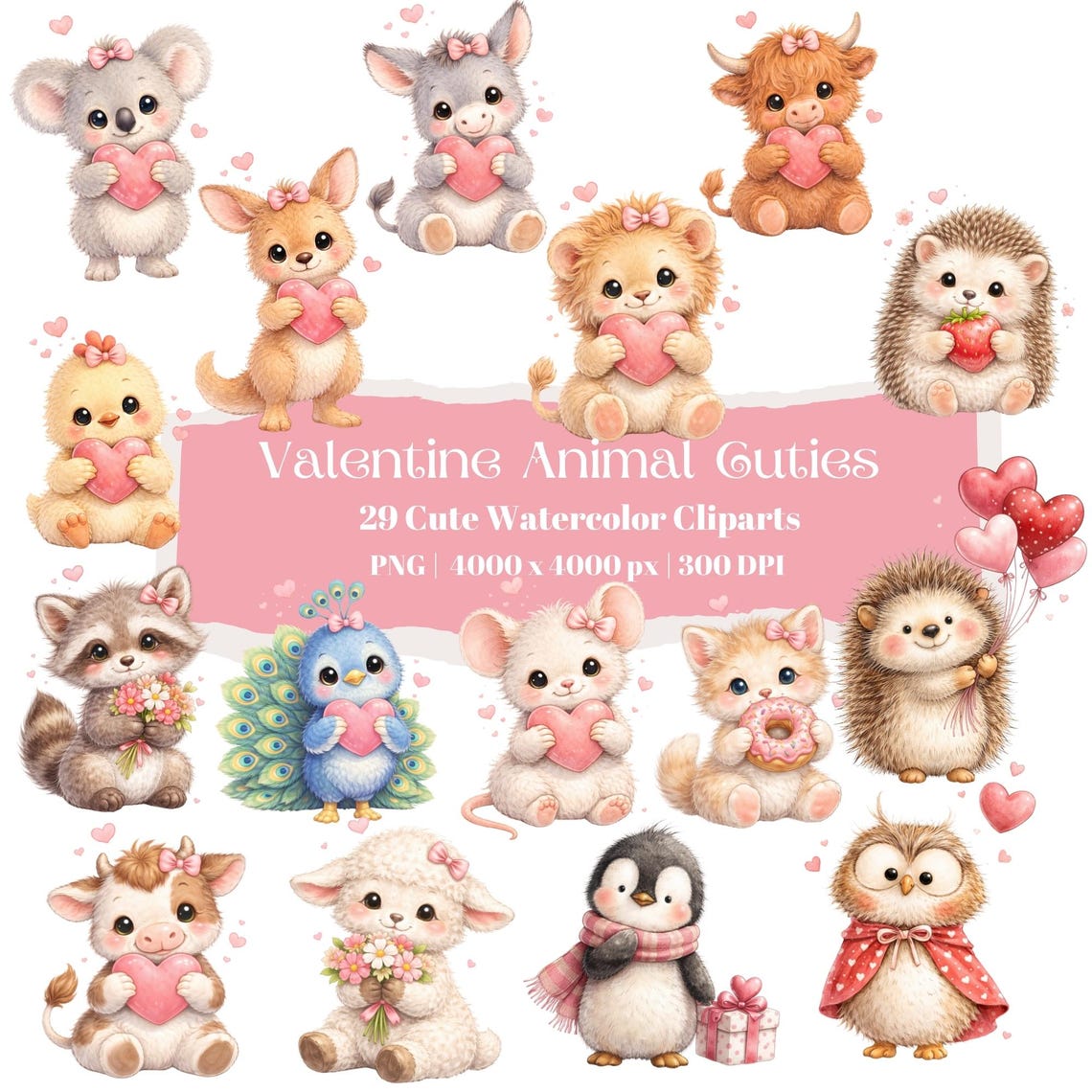 Valentine Animal Clipart Bundle, Watercolor Baby Animals With Hearts ...