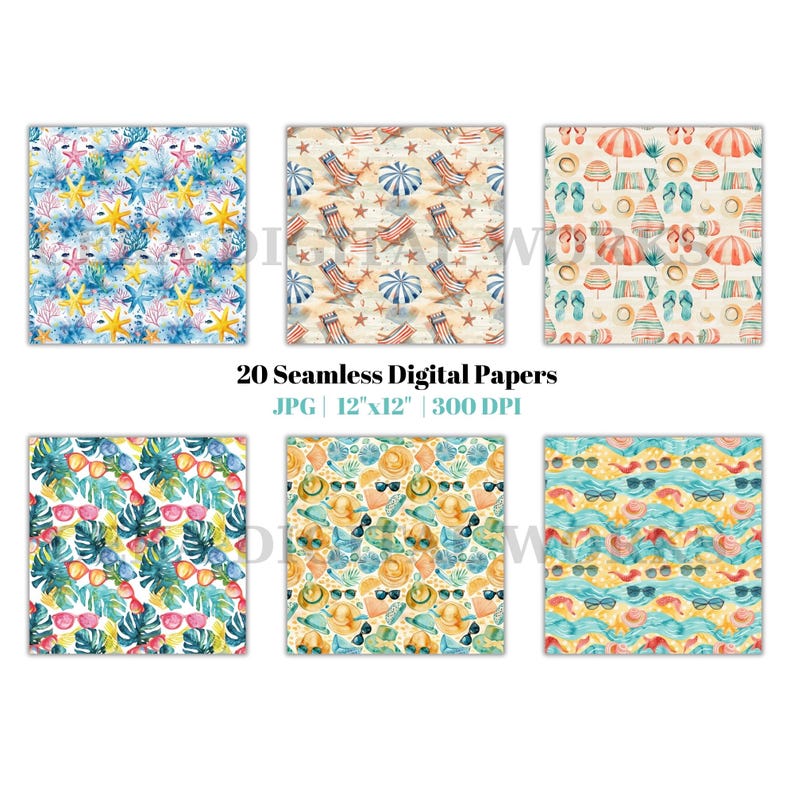 Tropical Summer Digital Paper, Beach Seamless Patterns, Watercolor Palm ...