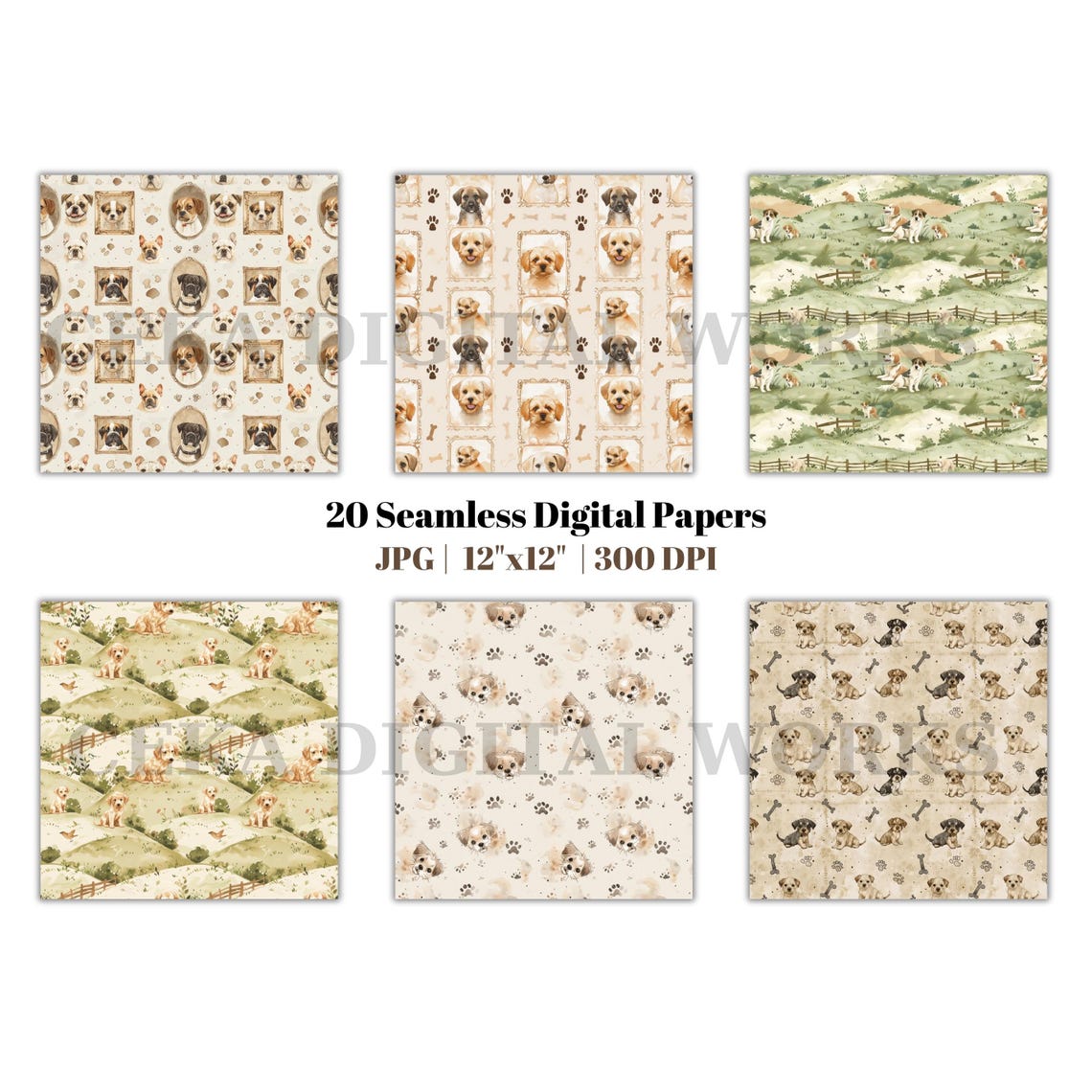 Watercolor Dog Digital Paper Bundle, 20 Seamless Patterns, Puppy ...