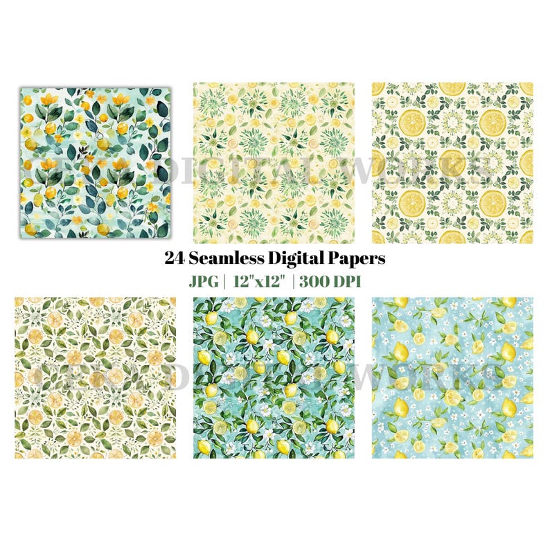 Watercolor Lemon Digital Paper Pack: 24 Citrus Seamless Patterns ...