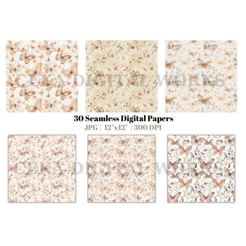 Watercolor Butterfly Digital Paper Pack, Seamless Floral Patterns, 30 ...