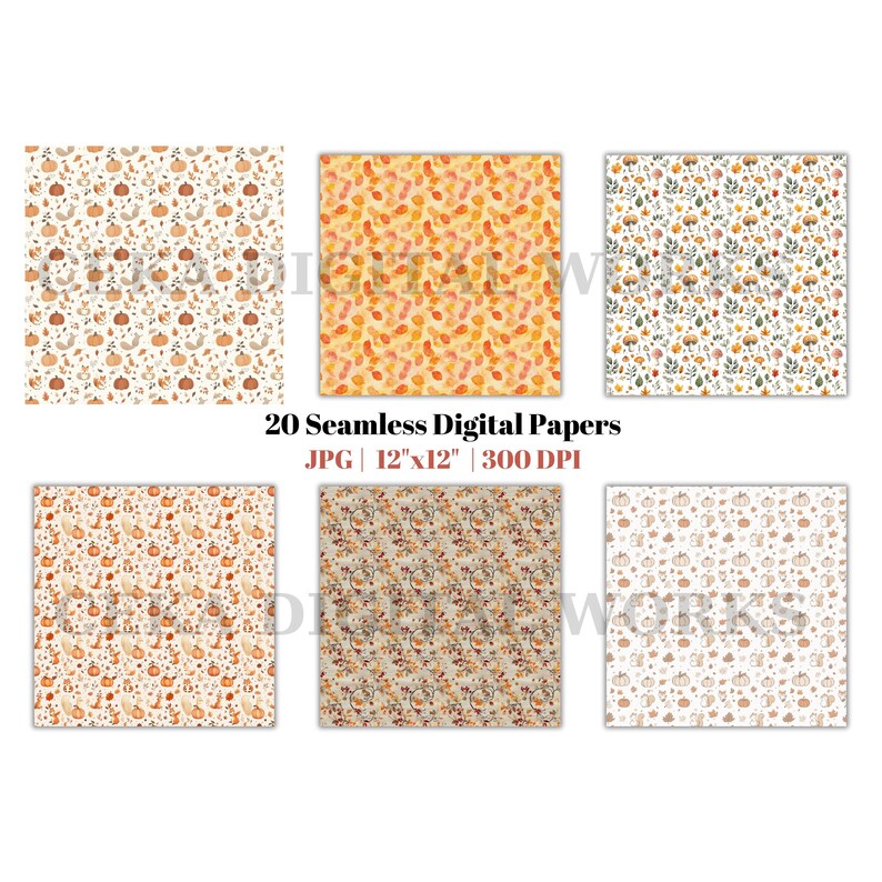 Autumn Leaves Pumpkins Digital Paper Bundle, Vintage Fall Woodland ...