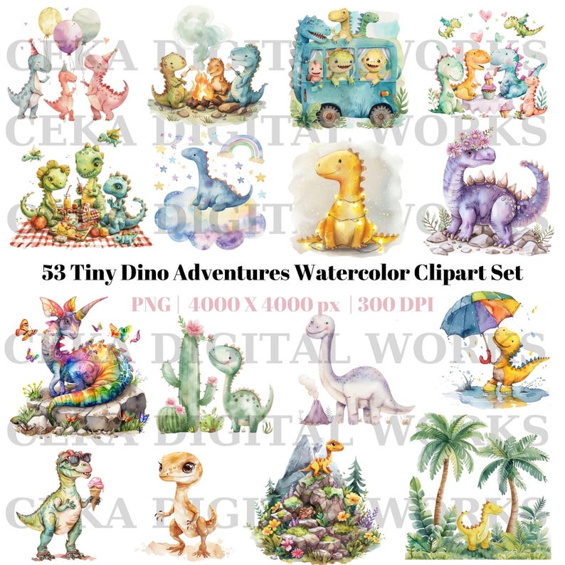 Watercolor Baby Dinosaur Clipart Set, Colorful Cute Dino PNG Bundle for ...