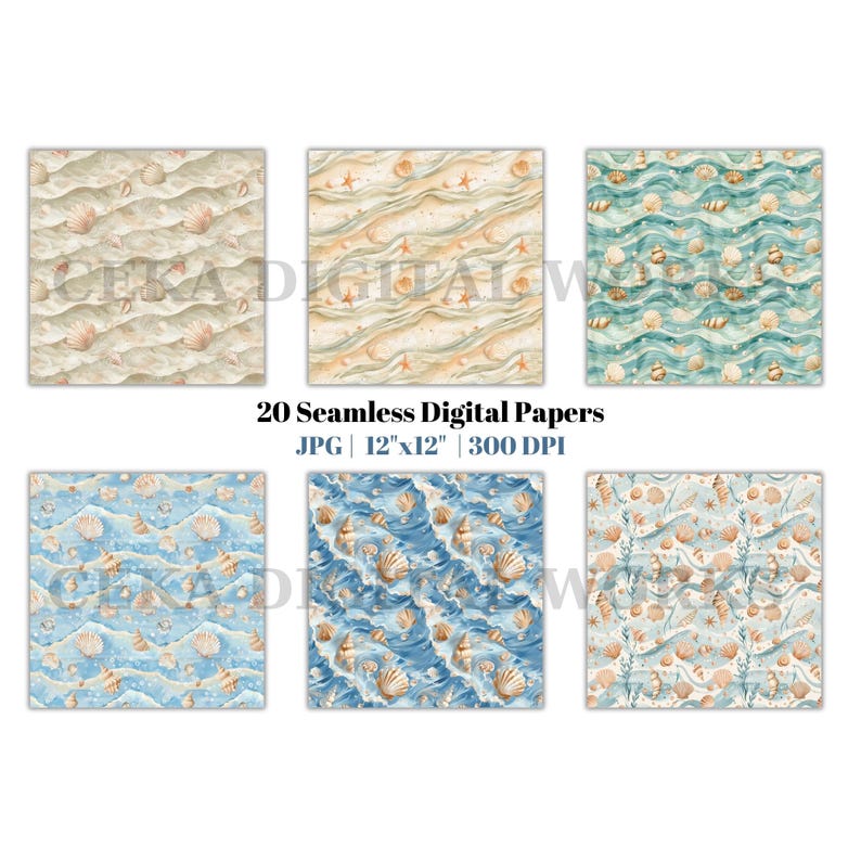 Seashell Digital Paper Bundle, Watercolor Ocean Patterns With Starfish ...