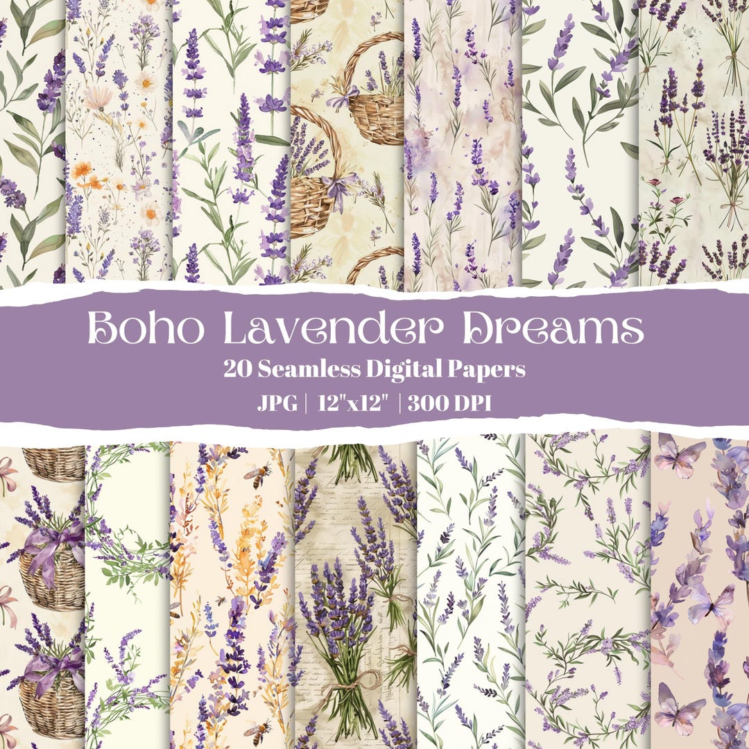 Boho Lavender Digital Paper: Vintage Floral Scrapbook Backgrounds ...