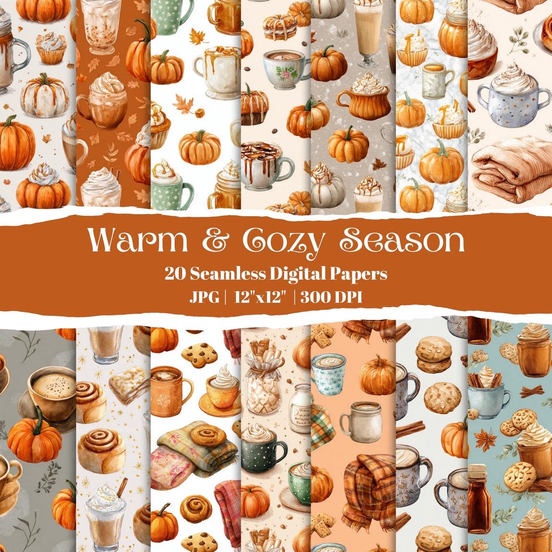 Warm & Cozy Season Digital Papers, Autumn Watercolor Coffee and Pumpkin ...