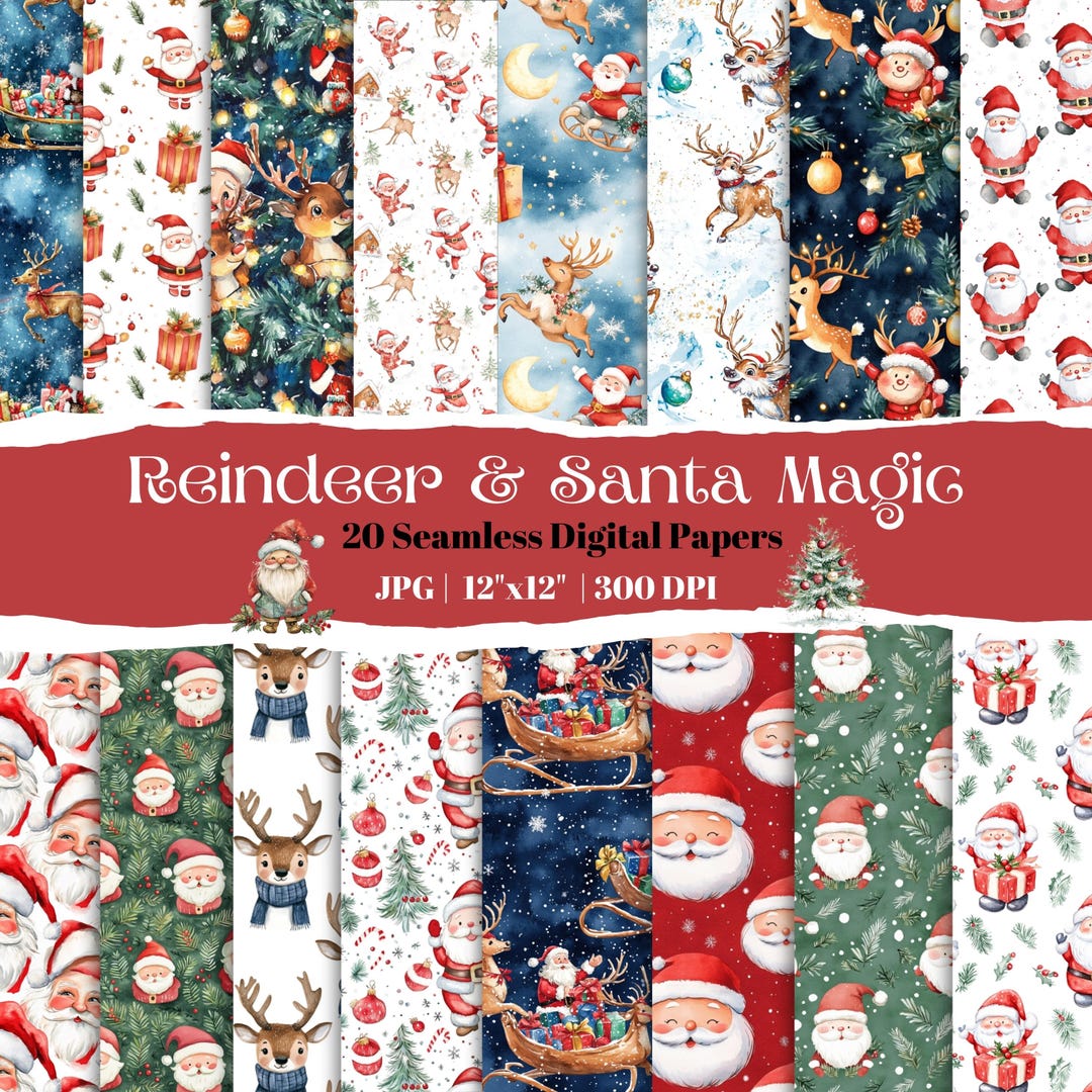Watercolor Christmas Reindeer and Santa Digital Paper Pack, 20 Seamless ...