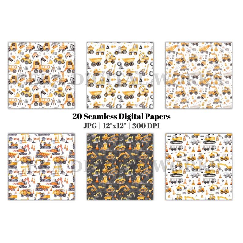 Construction Seamless Pattern Pack, Watercolor Construction Digital ...