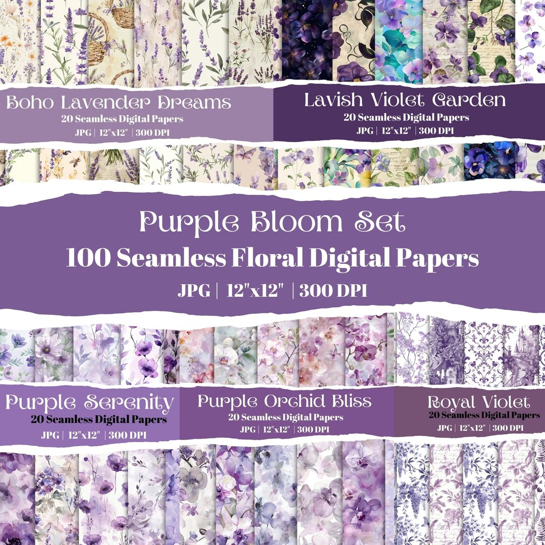 Purple Watercolor Floral Digital Paper: Toile Seamless Backgrounds ...