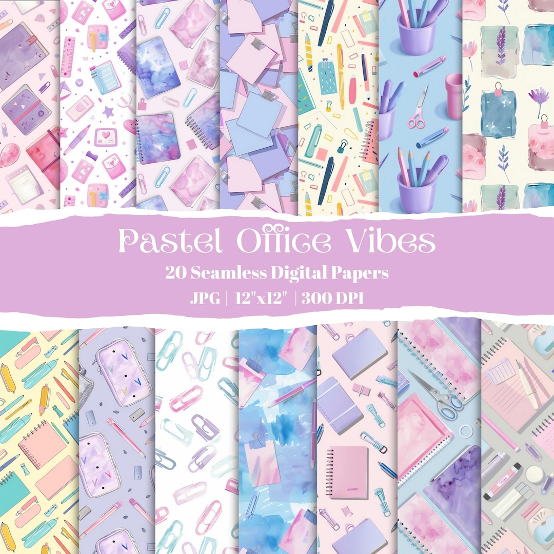 Pastel Office Supplies Digital Paper Pack – 20 Seamless Stationery ...