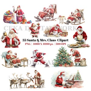 Watercolor Christmas Clipart Bundle: Santa & Mrs. Claus, 35 Vintage ...