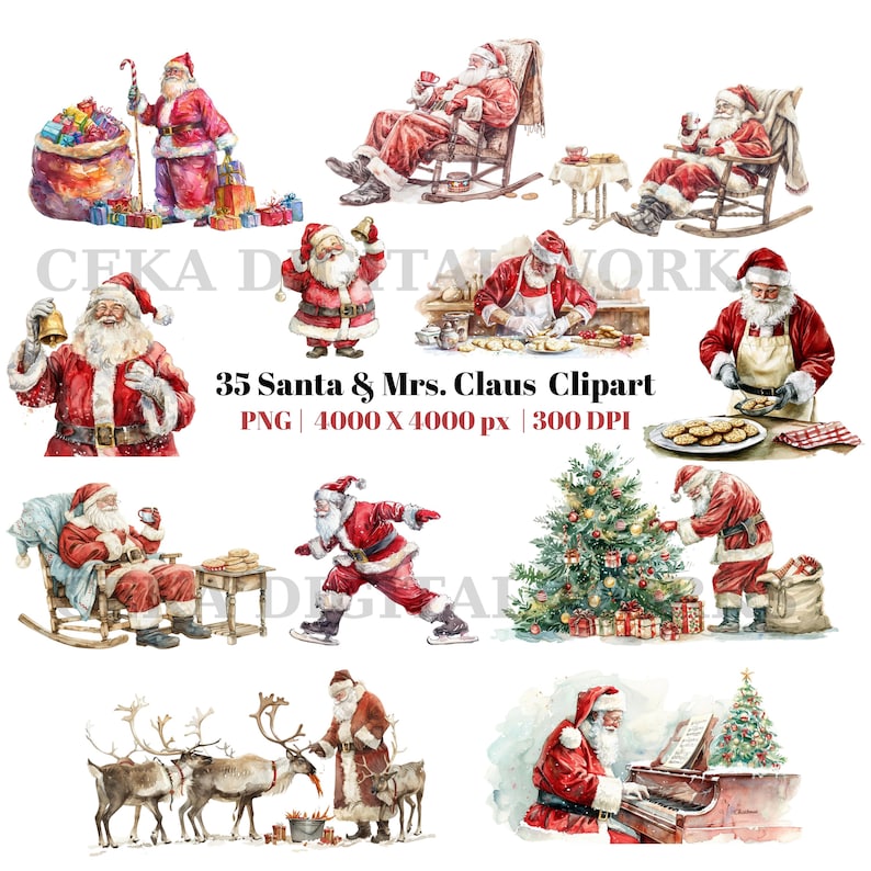 Watercolor Christmas Clipart Bundle: Santa & Mrs. Claus, 35 Vintage ...