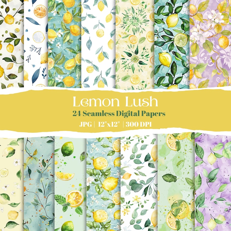 Watercolor Lemon Digital Paper Pack: 24 Citrus Seamless Patterns ...