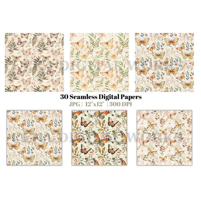 Watercolor Butterfly Digital Paper Pack, Seamless Floral Patterns, 30 ...