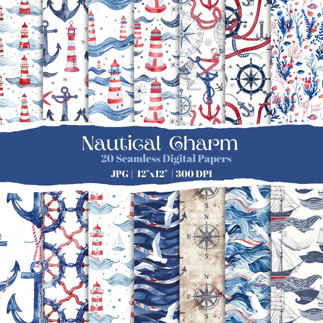 Nautical Seamless Digital Paper Pack, Coastal Marine Patterns With ...