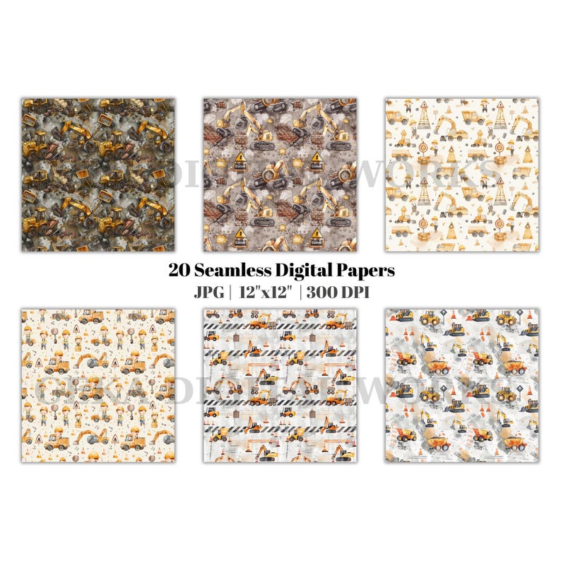 Construction Seamless Pattern Pack, Watercolor Construction Digital ...