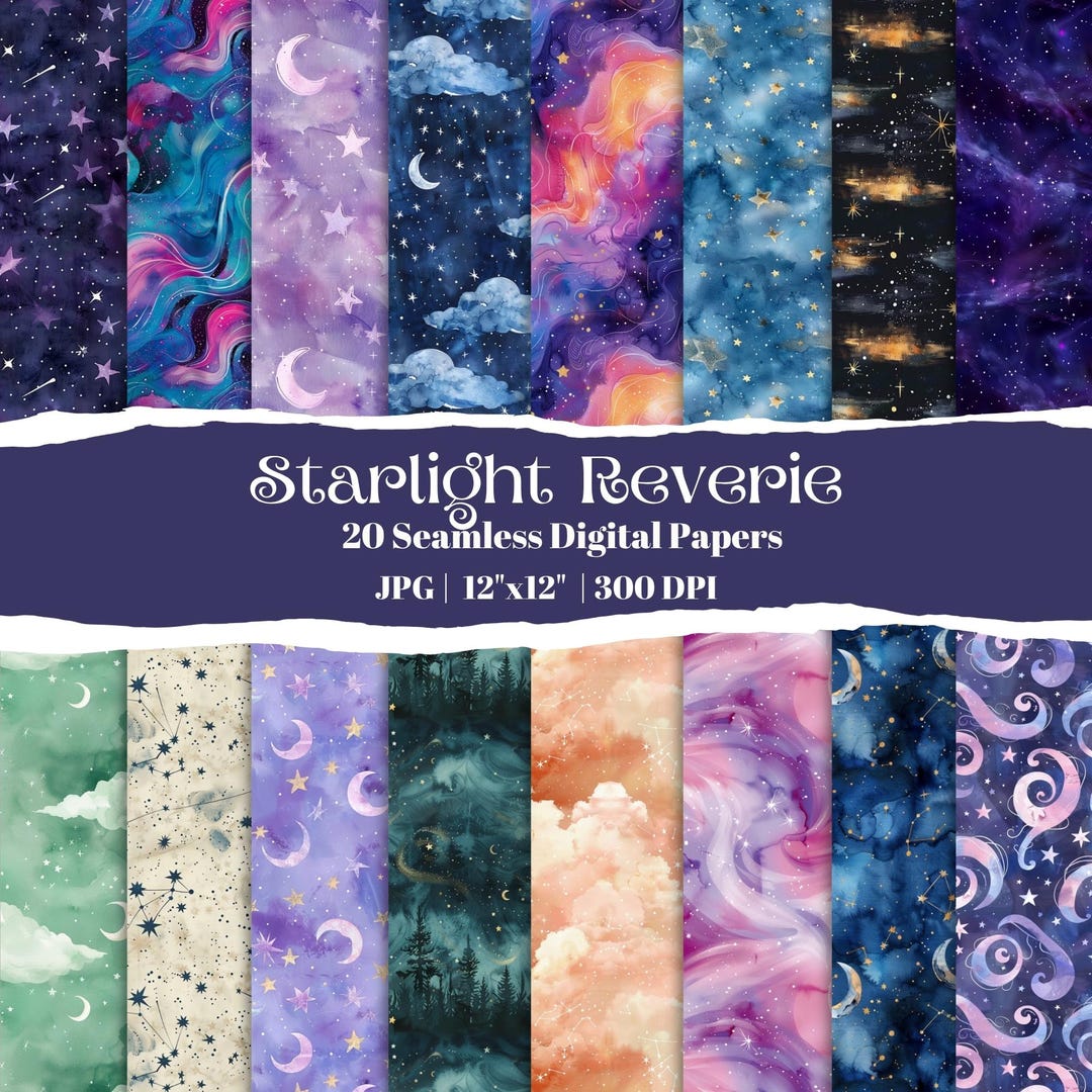 Galaxy Starry Sky Digital Paper Bundle, Watercolor Moon and Cloud ...