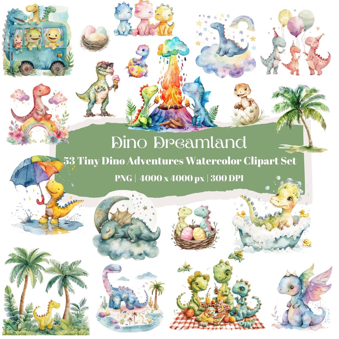 Watercolor Baby Dinosaur Clipart Set, Colorful Cute Dino PNG Bundle for ...