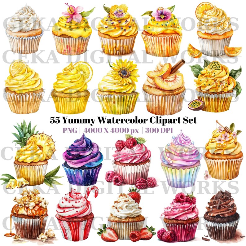 Watercolor Cupcake Clipart Bundle: 55 Dessert Pngs (instant Download ...