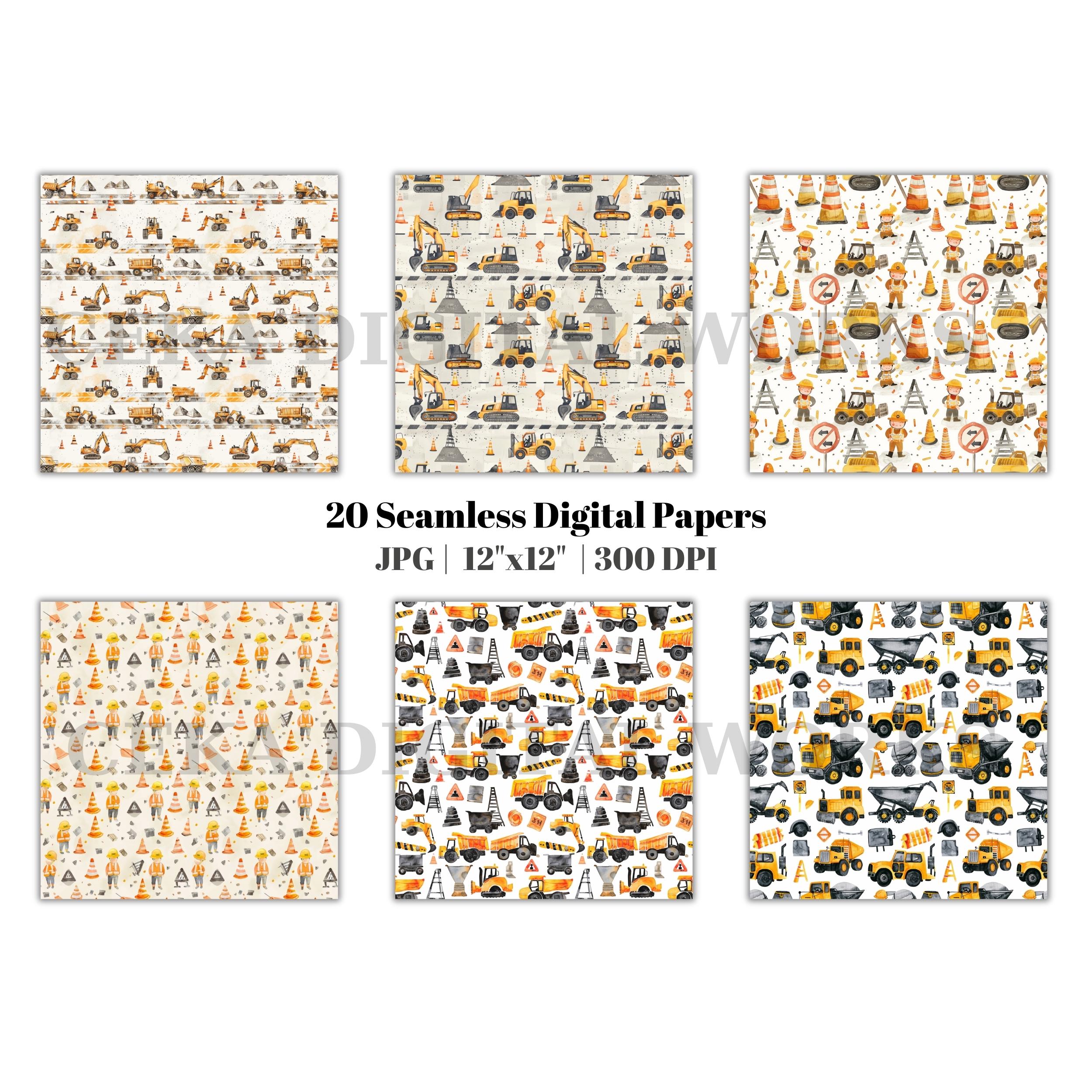 Construction Seamless Pattern Pack, Watercolor Construction Digital ...