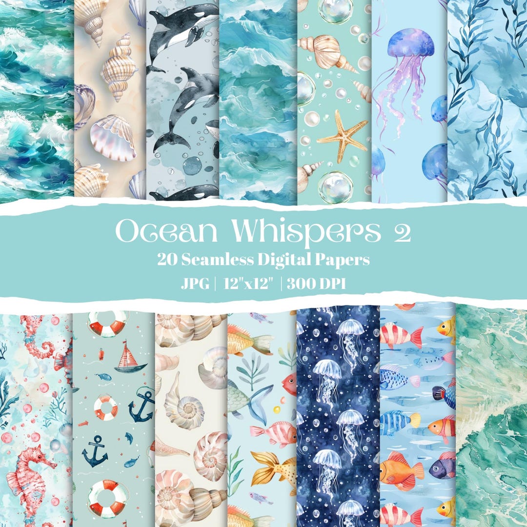 Watercolor Ocean Paper: Seamless Sea Life Patterns (digital Download ...